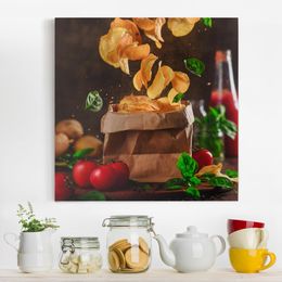 Leinwandbild Tomate-Basilikum-Snack - Wandbild bis XXL Print Kulinarisch Küche Esszimmer Braun