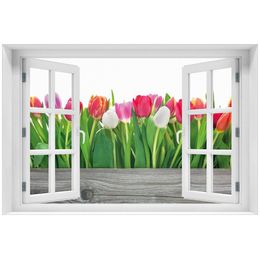Wallario Acrylglasbild, Rote weiße und pinke Tulpen im Frühling