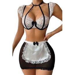 Orient Phoenix Babydollkleid Schleife vorne niedriger Bund Bügel Neckholder-Dienstmädchen-Outfit Sexy 3-teiliges Damen-Set mit kontrastierender Spitze Farbblock