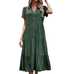 Orient Phoenix Jerseykleid Einfarbiges Damen-Midikleid mit V-Ausschnitt und Knopfleiste Damen-Kleid Saum kurzärmeliges Hemd einfarbig hohe Taille Midi-Kleid