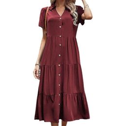 Orient Phoenix Jerseykleid Einfarbiges Damen-Midikleid mit V-Ausschnitt und Knopfleiste Damen-Kleid Saum kurzärmeliges Hemd einfarbig hohe Taille Midi-Kleid