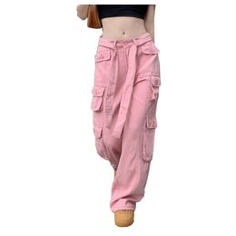 FIDDY Latzhose Cargo Hose Elastisch Hohe Taille Gerade Weites Bein Streetwear Hose