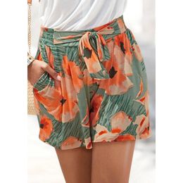 Lascana Shorts aus Viskosejersey mit Alloverdruck und Taschen, kurze Hose, sommerlich, grün|orange