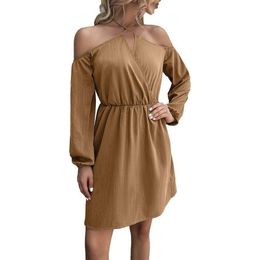 FIDDY A-Linien-Kleid Schulterfreies Kleid für Damen mit V-Ausschnitt und Langen Ärmeln