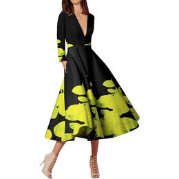 FIDDY A-Linien-Kleid Elegantes Damenkleid mit V-Ausschnitt und Langen Ärmeln Damen Kleid