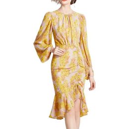 FIDDY A-Linien-Kleid Damen Bodycon Rundhals Blumendruck Minikleider Langarm Kleid