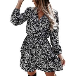 FIDDY A-Linien-Kleid Minikleid mit V-Ausschnitt und Langen Ärmeln und Rüschen Damen Kleid