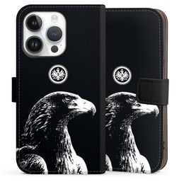 DeinDesign iPhone 14 Pro Handy Klapph&uuml;lle Handyh&uuml;lle aus Kunst Leder schwarz Flip Case Attila Official Licensed Product Eintracht Frankfurt Sideflip mit langer 