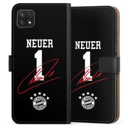 DeinDesign Galaxy A22 5G Handy Klapph&uuml;lle Handyh&uuml;lle aus Kunst Leder schwarz Flip Case Manuel Neuer Fc Bayern M&uuml;nchen Fcb Sideflip mit langer Lasche