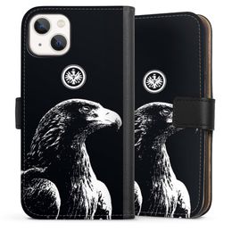 DeinDesign iPhone 13 Handy Klapph&uuml;lle Handyh&uuml;lle aus Kunst Leder schwarz Flip Case Attila Official Licensed Product Eintracht Frankfurt Sideflip mit Lasche