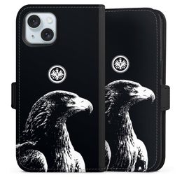 DeinDesign iPhone 15 Handy Klapph&uuml;lle Handyh&uuml;lle aus Kunst Leder schwarz Flip Case Attila Official Licensed Product Eintracht Frankfurt Sideflip mit Lasche