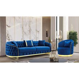 JVmoebel Wohnzimmer-Set Designer Blau Farbe Wohnzimmer Set aus 3-Sitzer Sofa und Sessel 2tlg.