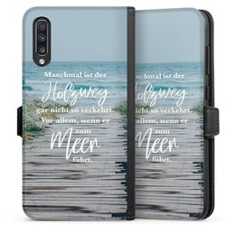 DeinDesign Galaxy A70 Handy Klapph&uuml;lle Handyh&uuml;lle aus Kunst Leder schwarz Flip Case Statement Beach Spruch Sideflip mit Lasche