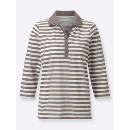 WITT Damen Poloshirt mit kurzer Knopfleiste, dunkeltaupe-wei&szlig;-geringelt, Gr&ouml;&szlig;e 54