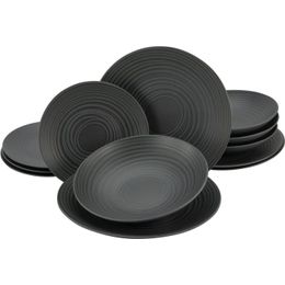 Creatable Tafelservice Geschirr-Set Lava Stone (12-tlg), 4 Personen, Steinzeug, Service, schwarz, Reliefdekor, Made in Europe, 12 Teile für 4 Personen, schwarz