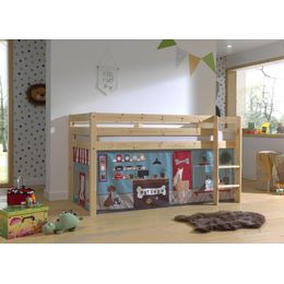 Vipack - Halbhohes Bett PINO, mit Textilset "Pet Shop", Ausf. Kiefer massiv natur lackiert