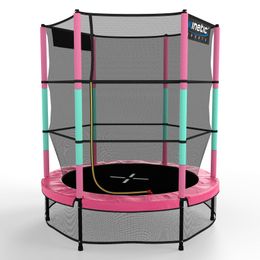 KINETIC SPORTS Kinder Trampolin JUMPER 140 cm - Inklusive Gummiseil Federung, Sicherheitsnetz mit Rei&szlig;verschluss, Rahmenpolster, Schutz Bodennetz - Indoor Kindertrampolin Spielzeug Pink-T&uuml;rkis