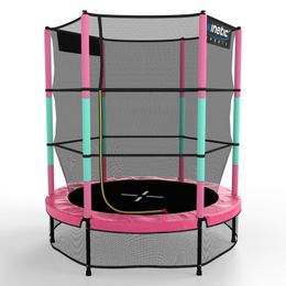 KINETIC SPORTS Kinder Trampolin JUMPER 140 cm - Inklusive Gummiseil Federung, Sicherheitsnetz mit Reißverschluss, Rahmenpolster, Schutz Bodennetz - Indoor Kindertrampolin Spielzeug Pink-Türkis