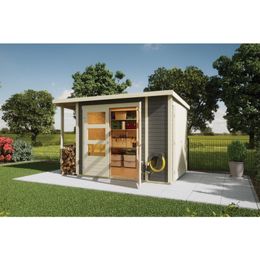 Karibu Gartenhaus 19 mm Multi Pultdach mit Schrank und Anbaudach terragrau inkl. Fu&szlig;boden & Dacheindeckung