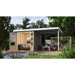 Karibu Hybrid Gartenhaus Hollywood im Set mit Anbaudach ca. 2,40 m breit terragrau inkl. Fußboden Gartenlaube Geräteschuppen Gartenhütte