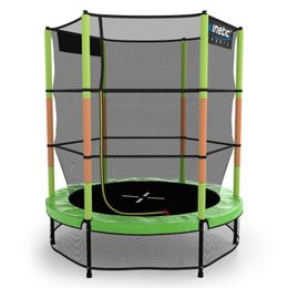 KINETIC SPORTS Kinder Trampolin JUMPER 140 cm - Inklusive Gummiseil Federung, Sicherheitsnetz mit Rei&szlig;verschluss, Rahmenpolster, Schutz Bodennetz - Indoor Kindertrampolin Spielzeug Gr&uuml;n-Orange