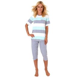 Normann Pyjama Damen Pyjama kurzarm mit Capri Hose in Blockstreifen Optik