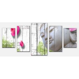 wandmotiv24 Mehrteilige Bilder Holz Blüten Buddha