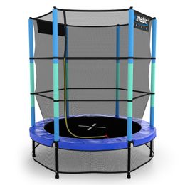 KINETIC SPORTS Kinder Trampolin JUMPER 140 cm - Inklusive Gummiseil Federung, Sicherheitsnetz mit Reißverschluss, Rahmenpolster, Schutz Bodennetz - Indoor Kindertrampolin Spielzeug Blau