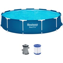 Bestway Framepool Steel Pro™ (Set), Frame Pool mit Filterpumpe Ø 366x76 cm, dunkelblau, blau