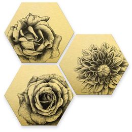 Wall-Art Mehrteilige Bilder Florales Blumen Set Goldeffekt, Schriftzug (Set, 3 St), Metallschild Collage, bunt