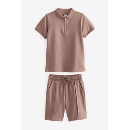 next T-Shirt & Shorts Poloshirt mit Reißverschluss-Ausschnitt + Shorts (2-tlg)