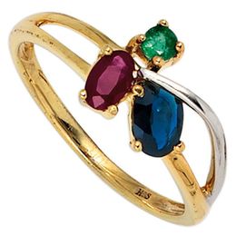 Schmuck Krone Fingerring Ring Damenring mit Rubin Safir Smaragd 585 Gold Gelbgold rot blau grün