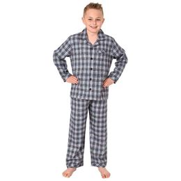 Normann Pyjama Jungen langarm Flanell Schlafanzug in Karo Optik zum durchknöpfen