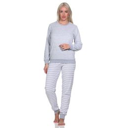 Normann Pyjama Damen Frottee Schlafanzug lang mit Bündchen und floraler Applikation