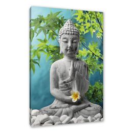 Pixxprint Leinwandbild Buddha auf Steinen mit Monoi Blüte