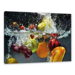 Pixxprint Leinwandbild Früchte fallen ins Wasser