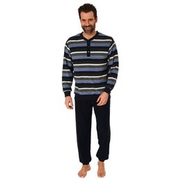 Normann Pyjama Herren Frottee langarm Schlafanzug mit Bündchen und Hals-Knopfleiste