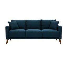 Miliboo 3-Sitzer-Sofa mit dunkelblauem Stoff und dunklem Holz MUNIK