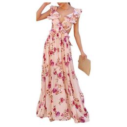 TZTA Trading UG Strandkleid Damen Blumenmuster Kleid Rückenfreies Kleid Maxikleid Kleid in A-Linie