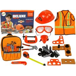 LEAN Toys Kinder-Werkzeug-Set Rucksack Helm Werkzeug Brille Set Tasche Spielzeug Weste Hammer Messer