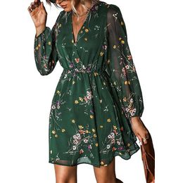 ZWY Strandkleid Damen V-Ausschnitt Langarm Wickelkleider Floral Gemusterte Kleider