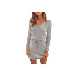 ZWY 2-in-1-Kleid Damen Strickkleid Winter V-Ausschnitt Langarm Mini Pulloverkleider