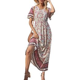 Orient Phoenix Sommerkleid Damen Casual Sommer Kurzarm Boho Blumendruck Maxikleid A-Linien-Kleid Frühling V-Ausschnitt Hohe Taille Strandkleider Partykleid Strandkleid