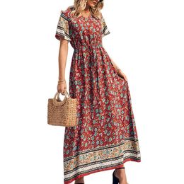 Orient Phoenix Sommerkleid Damen Casual Sommer Kurzarm Boho Blumendruck Maxikleid A-Linien-Kleid Frühling V-Ausschnitt Hohe Taille Strandkleider Partykleid Strandkleid