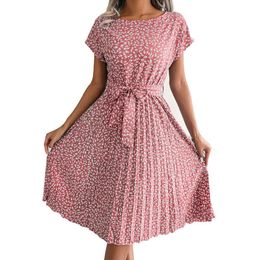 Orient Phoenix Dirndl Damen-Midikleid mit Blumenmuster kurzärmelig plissierter Saum Damen-Kleid mit kurzen Ärmeln BlumendruckA-Linie fließendes Midi kleid