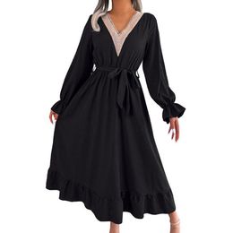 Orient Phoenix Dirndl Damen Langarm Smockkleid V-Ausschnitt Hohe Taille Rüschen Midikleider Kleider für Damen Spitzeneinsatz Volantärmel Freizeitkleider