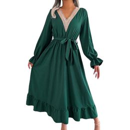 Orient Phoenix Dirndl Damen Langarm Smockkleid V-Ausschnitt Hohe Taille Rüschen Midikleider Kleider für Damen Spitzeneinsatz Volantärmel Freizeitkleider