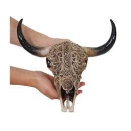 Deko Schädel 31cm MCW-C15, Polyresin Stier Bulle Longhorn Kopf Trophäe mit Tribal, In-/Outdoor