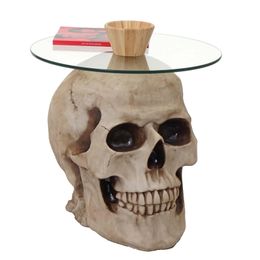 Beistelltisch Totenkopf MCW-A19, Glastisch Wohnzimmertisch Couchtisch Totenschädel, Polyresin rund Ø55cm natur