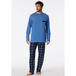 Schiesser Pyjama "Comfort Nightwear" (2 tlg) Langarmshirt mit V-Ausschnitt und aufgesetzter Brusttasche, blau